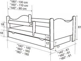 MB Dětská postel Nocturno z masivu borovice se zábranou Barva: Šedá, Rozměry postele: 160 x 80 cm