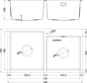 Mexen Xorin, 2-komorový nerezový dřez 780 x 450 mm, broušená ocel, 6441782000-01