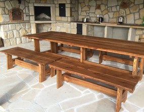 KULHÁNEK Zahradní dubová sestava - stůl, 4x lavice bez opěradla (rustikální provedení) Odstín nátěru: lazura - pinia