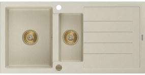 Mexen Andres 1,5-miskový granitový dřez s odkapávačem 1000 x 500 mm, Béžová, sifon Zlatá - 6515101510-69-G
