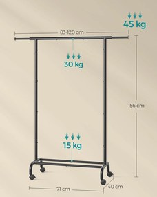 Stojan na oblečení, mobilní úložný stojan na kolečkách, rozměry: 40 x (83-120) x 156 cm, inkoustově černý