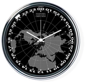 Černé hodiny s chodem 24h ukazující na mapě, kde je právě poledne (32 cm) | atelierDSGN