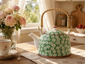 Zelená porcelánová konvička s kvítky a se sítkem - Ø 18*14*12 cm / 0,7L