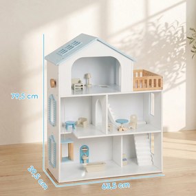 AIYAPLAY Domeček pro panenky 79,5 cm vysoký, 3patrový s výtahem, 13 kusy nábytku, balkón, velký dárek pro dívky od 3 do 6 let, modrý