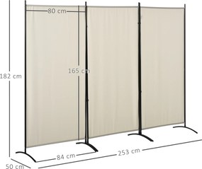 HOMCOM 3-panelový paravan 253x50x182 cm skládací paravan s 6 kovovými nohami, ochranný paravan pro kancelář a ložnici, béžový