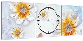 Obraz - Kompozice s květy a motýly (s hodinami) (90x30 cm)