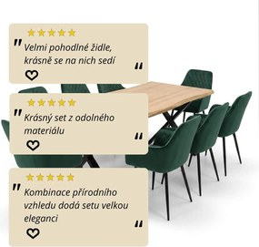Vikio Jídelní set pro 8 osob 180x90 cm soft dub noha X zelená židle s područkami VJS228-8Z