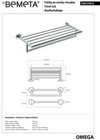 Bemeta Design OMEGA: Držák ručníků, 500 mm, s hrazdou -