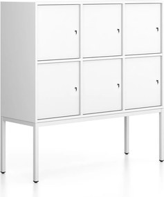Kancelářská skříň FRAME, nízká, bílá podnož, 6x dveře, 1299 x 450 x 1331 mm, cylindrický zámek, bílá