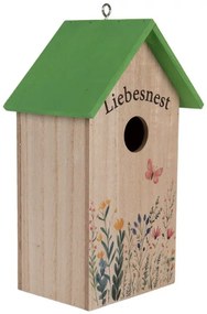 Přírodní dřevěná budka pro ptáčky se zelenou střechou a květy – 16x12x22 cm