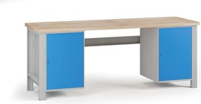 Dílenský pracovní stůl G7, buková spárovka, 2100 x 685 x 840 mm, 2x skříňka, modrá