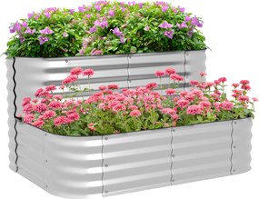 Vyvýšený zahradní záhon Outsunny, dvouúrovňový květináč, rostlinný box, záhon pro zeleninu se šrouby, bylinková zahrada pro zahradu, balkon, stříbrný,