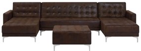 Hnědá rozkládací sedací souprava tvaru U čalouněná imitací kůže, s taburetem ABERDEEN Beliani
