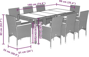 9dílný zahradní jídelní set s poduškami černý polyratan a sklo 3278650