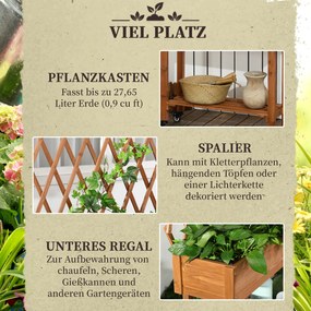 Vyvýšený záhon Outsunny s mřížovým truhlíkem na kolečkách s policí z masivního dřeva na terasu a zahradu v hnědé barvě 79x29x130cm | Aosom.de