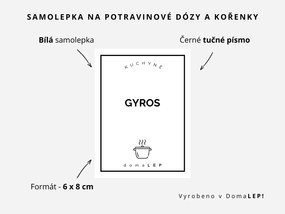 GYROS - omyvatelná samolepka na kořenky, výběr rozměrů Ø 5 cm / 5 x 5 cm / 6 x 8 cm | DomaLEP tvar: OBDÉLNÍK, barva: BÍLÁ - ČERNÉ písmo, velikost: š. 6 cm x v. 8 cm - tučné písmo