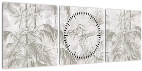 Obraz - Tropické rostliny na zdi v šedé (s hodinami) (90x30 cm)