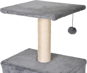 PawHut Škrábací strom s útulnou boudou, závěsnou postelí a 2 měkkými platformami v šedé barvě a sisalovém provazu 60x49x130cm