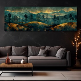 Obraz na plátně - Tmavé stromy ve zlatavých kopcích FeelHappy.cz Velikost obrazu: 120 x 40 cm