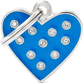Známka pro psy a kočky MY FAMILY Modré srdce s kamínky Swarovski