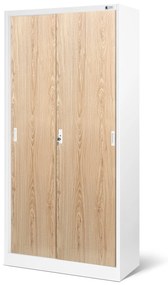 Plechová skříň s posuvnými dveřmi a policemi KUBA, 900 x 1850 x 400 mm, Eco Design: bílá/ dub sonoma