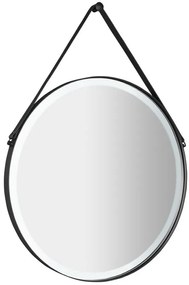 Sapho, ORBITER LED podsvícené kulaté zrcadlo s koženým popruhem, o 60cm, černá mat