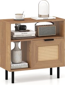 Costway Boho ratanový noční stolek Accent s úložnou skříňkou a kovovými nohami