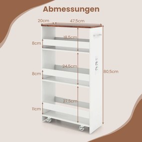 Costway 20 cm tenký úložný vozík s nabíjecí stanicí 4patrový