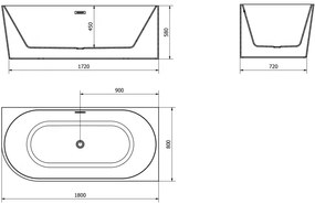 Mexen Mia, volně stojící rohová vana, pravá, 180 x 80 cm, bílá-černá, bílý přepad, 52691808075P-20