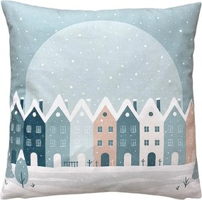 Modrý polštář se zasněženými domky - 45*45*4 cm