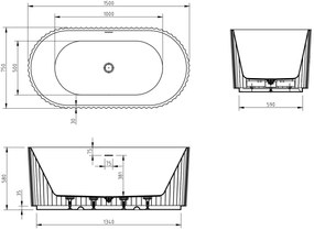Mexen Paola, volně stojící vana, drážkovaná, 150 x 75 cm, bílá matná, 52721507501-SS
