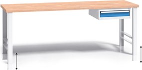 Výškově nastavitelný pracovní stůl do dílny G3 se závěsným boxem na nářadí, buková spárovka, 1 zásuvka, 2000 x 685 x 840 - 1050 mm, modrá