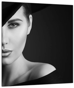 Obraz - Černobílý portrét ženy v klobouku (30x30 cm)