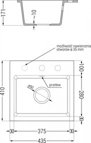 Mexen Milo, granitový dřez 435x410x171 mm, 1-komorový, bílá s černým sifonem, 6505441000-20-B