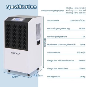 Costway Komerční odvlhčovač 118 l/den s podlahovým ventilátorem