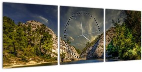 Obraz krajiny s jezerem (s hodinami) (90x30 cm)