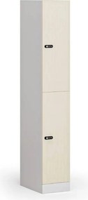 Šatní skříňka S1 s úložnými boxy, 2 boxy, 1850 x 300 x 500 mm, demont, mechanický kódový zámek, laminované dveře, bříza
