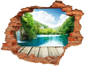 Wallmuralia Díra 3D ve zdi nálepka Vodopád v lese 90x70 cm