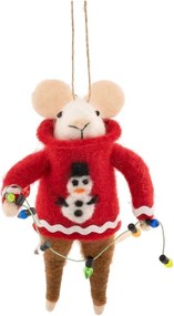 Textilní vánoční ozdoba 6 cm Mouse in Snowman Jumper with Fairy Lights – Sass & Belle