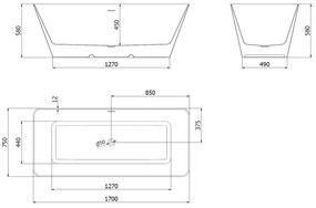 Mexen Velo Slim, volně stojící vana 170 × 75 cm, bílá lesklá, ocelový přepad, 52811707500-97