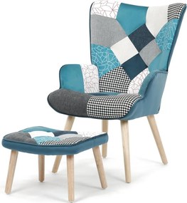 Relaxační křeslo ušák LISA + taburet — masiv, látka, modrý patchwork