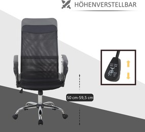 HOMCOM Ergonomická kancelářská židle, herní židle, otočná židle s houpací funkcí, výškově nastavitelné pracovní křeslo, pěna, síťovina, černá, 63 x 6…