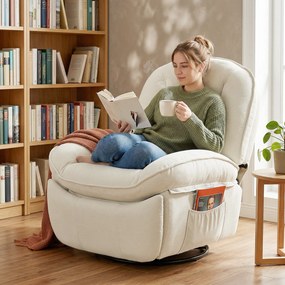 HOMCOM relaxační křeslo — polstrované otáčecí a houpací křeslo s opěrkou nohou, hluboké sedadlo, chenille, boční kapsa, krémové