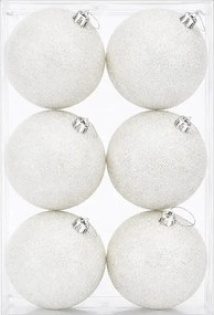Sada vánočních ozdob bílé glitter 10 cm plastová koule, balení 6 ks