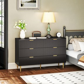 HOMCOM moderní komoda se 6 zásuvkami se zlatými úchyty, 120x40x76,5 cm, černá