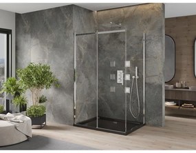 Mexen Omega, sprchový kout s posuvnými dveřmi 100 (dveře) x 90 (stěna) cm, 8mm čiré sklo, chromový profil + slim sprchová vanička černá + chromový sifon, 825-100-090-01-00-4070