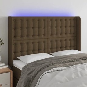 Čelo postele s LED tmavě hnědé 147 x 16 x 118/128 cm textil 3124483