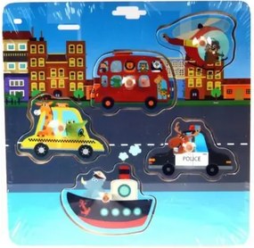 Dřevěné vkládací puzzle na desce s úchyty / Vkládací puzzle / 5 dílků