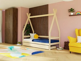 Benlemi Dětská dřevěná postel SAFE 5v1 ve tvaru teepee se zábranou a úložným šuplíkem Zvolte barvu: Béžová, Zvolte rozměr: 90x160 cm, Zvolte zábranu: S otevřeným vstupem