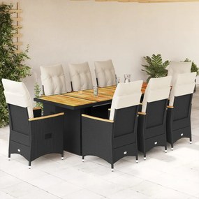 9dílný zahradní bistro set s poduškami černý polyratan 3277249